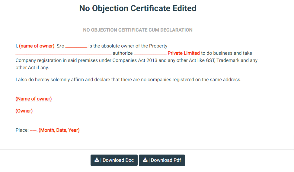No Objection Certificate Format for Company Address